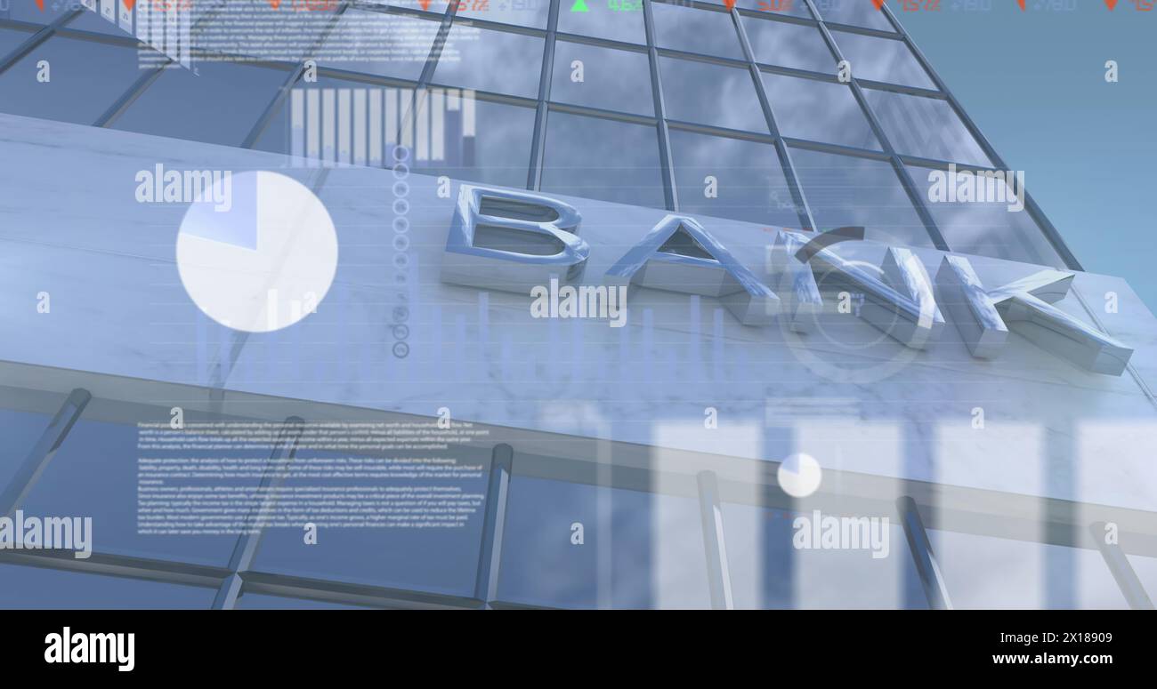 Image of statistics with data processing over bank building Stock Photo ...