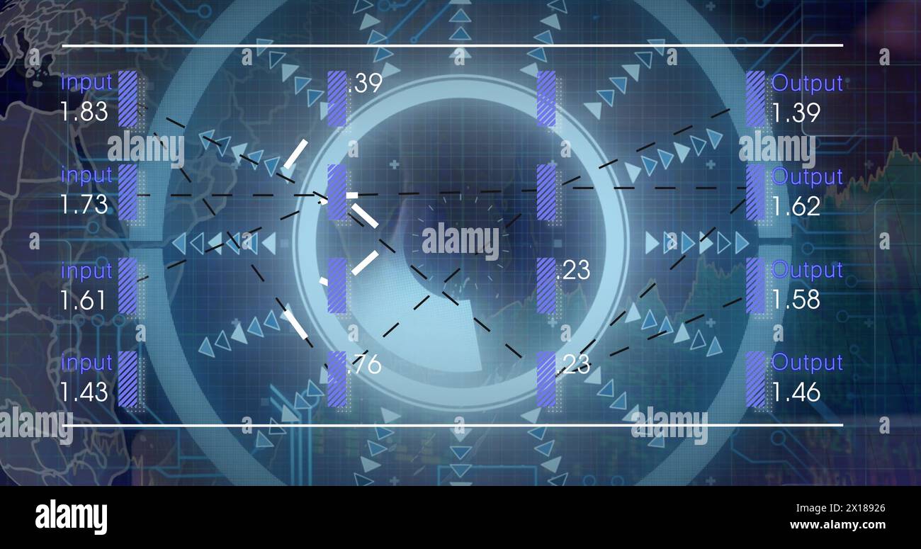 Image of diverse data clock and globe spinning over world map Stock ...