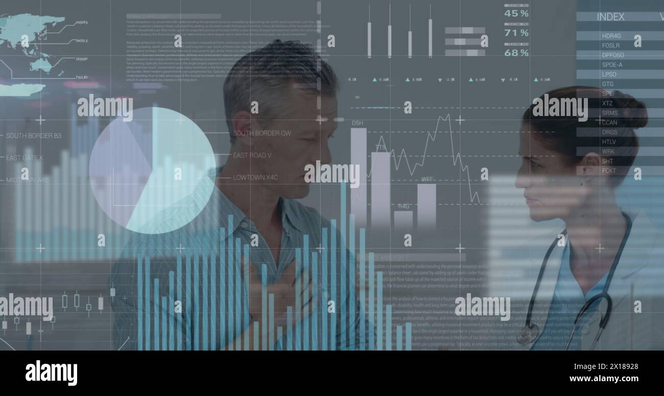 Image of financial graphs and data over caucasian female doctor talking ...