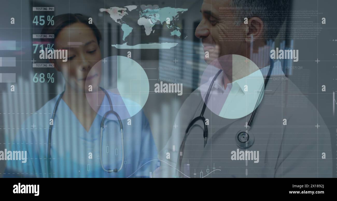 Image of financial graphs and data over diverse female and male doctors ...