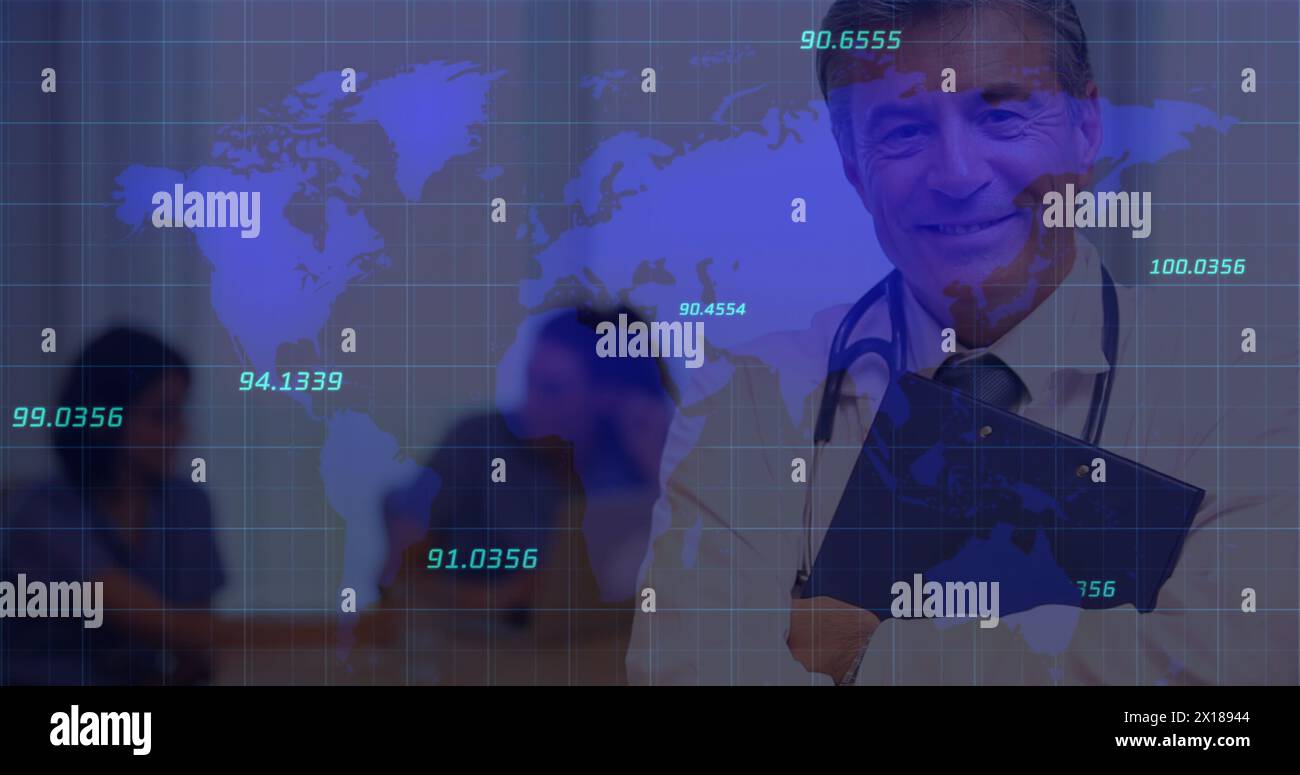 Image of world map and numbers over caucasian senior doctor making ...