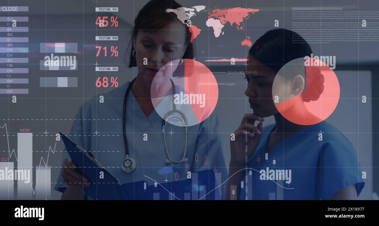 Image of statistics and data processing over diverse doctors Stock ...