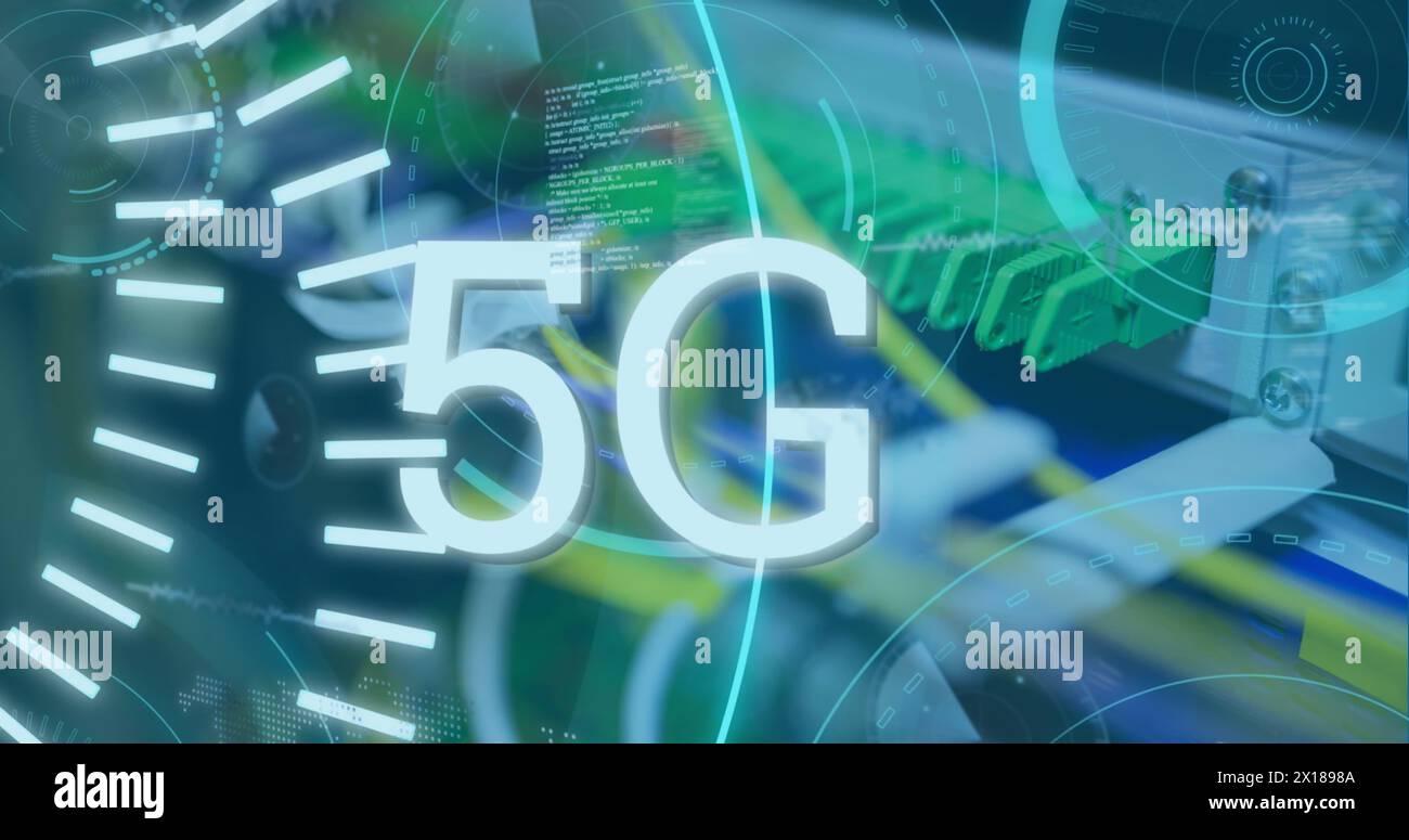 Image of 5g text, circles, soundwave and computer language over back panel of server storage ...