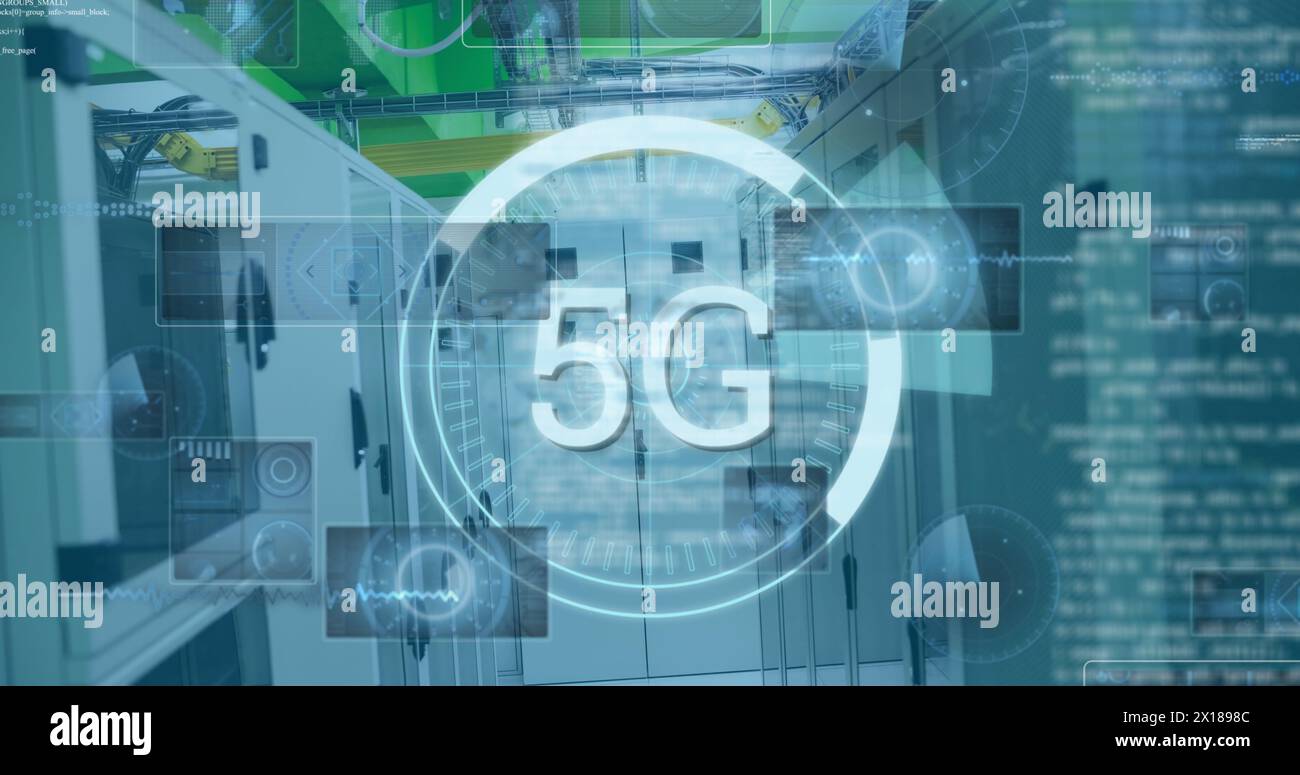 Image of 5g text in circle, radar and programming language over server room Stock Photo - Alamy