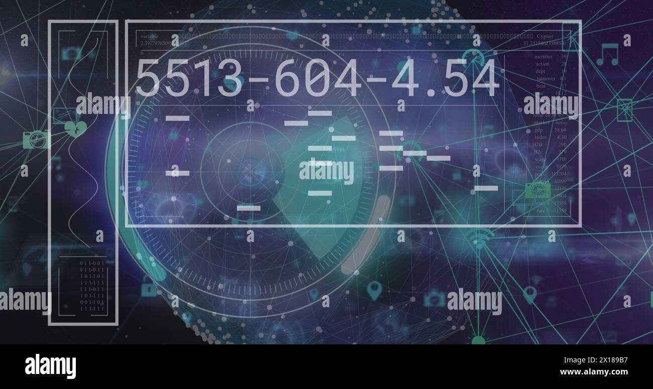 Image of digital screen with data processing, radar and numbers on navy ...