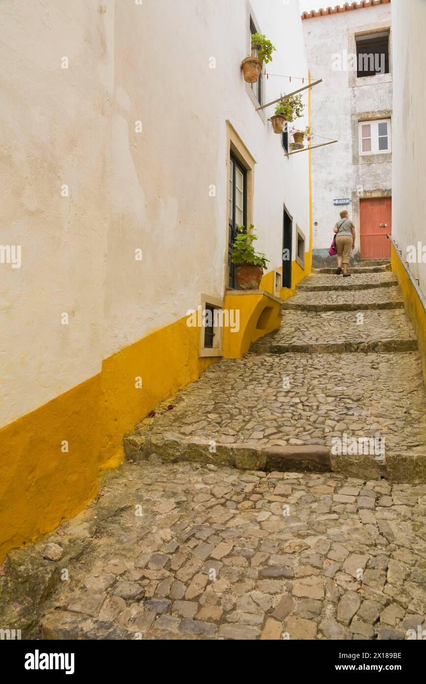 Tourist walking on old street with mosaic style paving stone stairs and ...