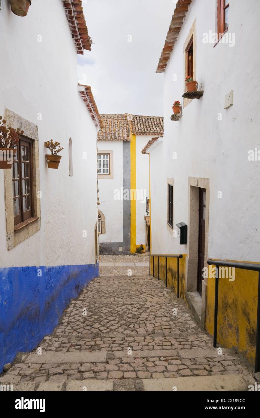 Old street with mosaic style paving stone stairs and white roughcast ...