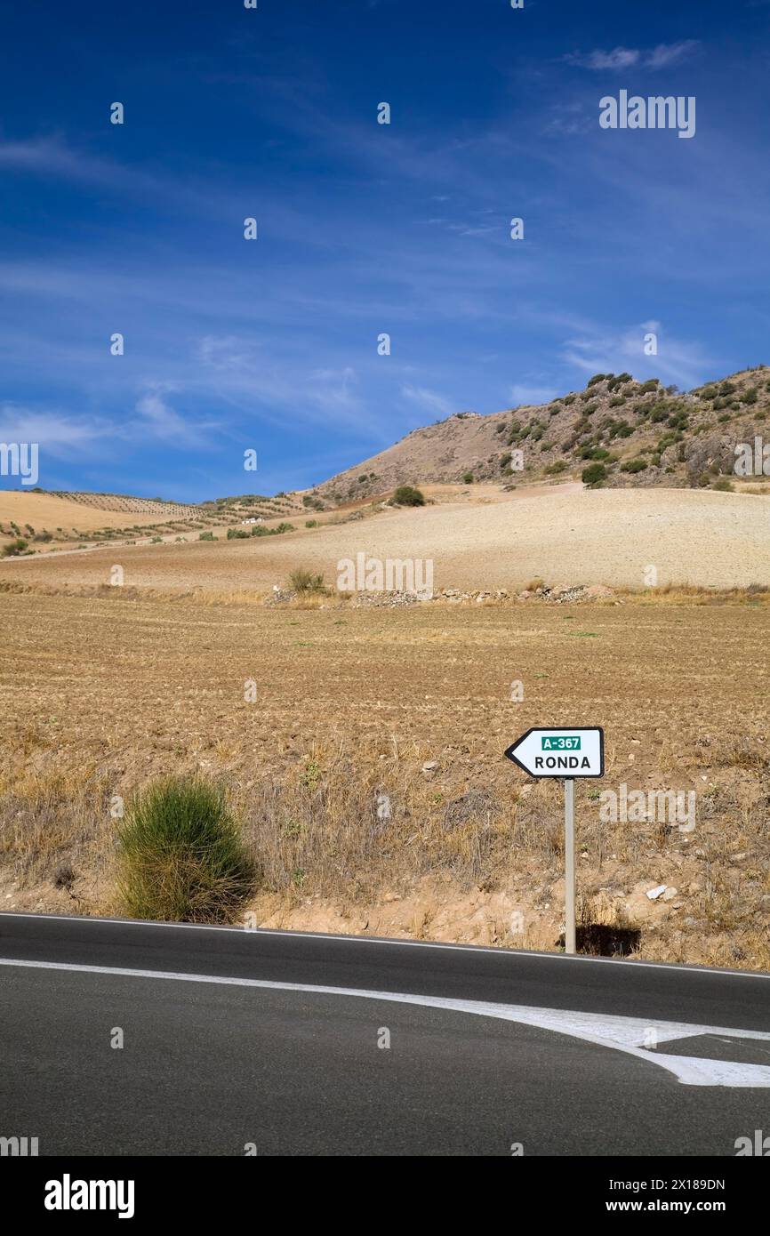 Black asphalt road and road sign in the middle of arid landscape ...