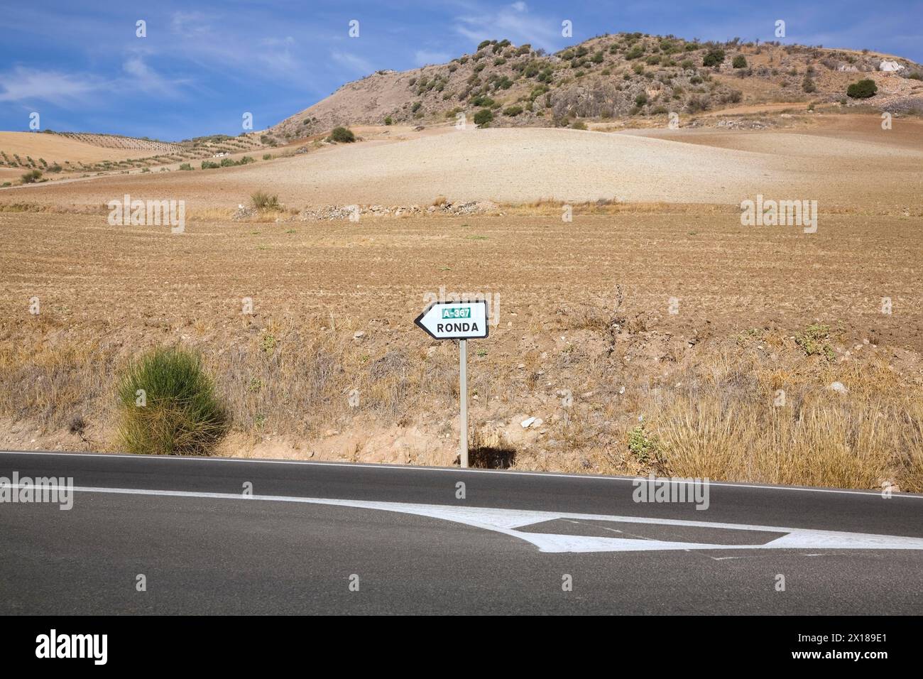 Black asphalt road and road sign in the middle of arid landscape ...