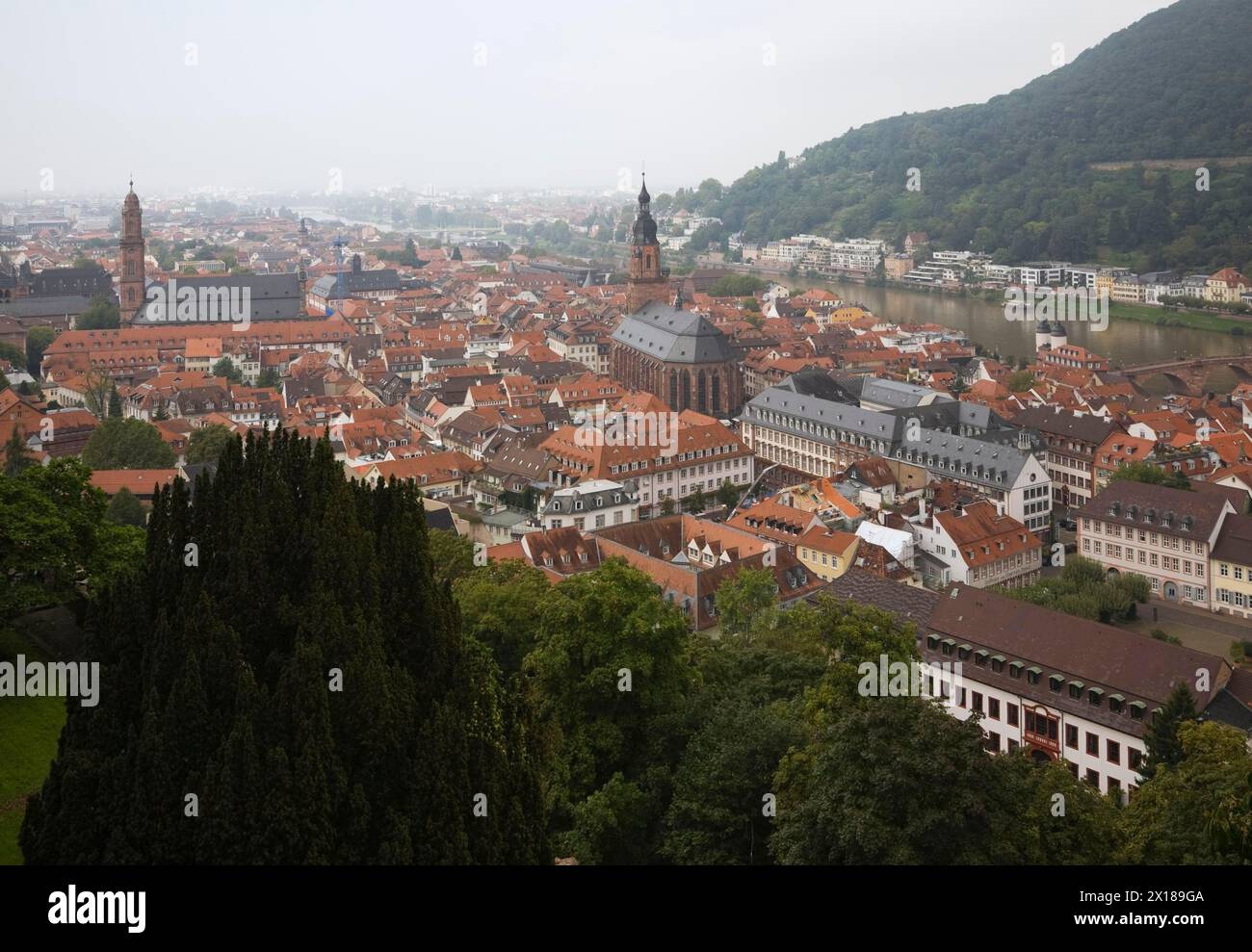 High angle view of old architectural style buildings, churches with ...