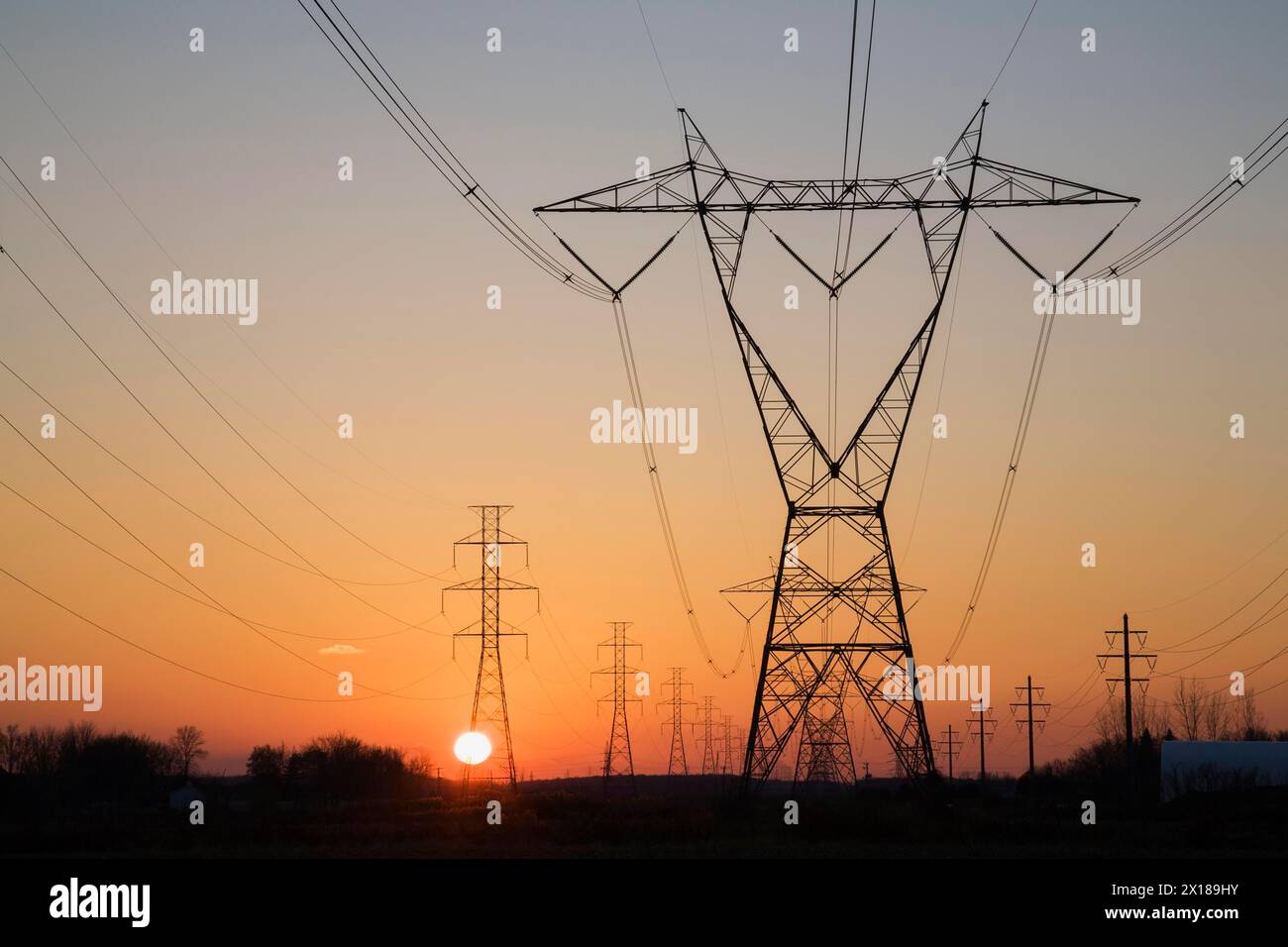 Silhouetted hydro electricity transmission towers in field at sunset in ...