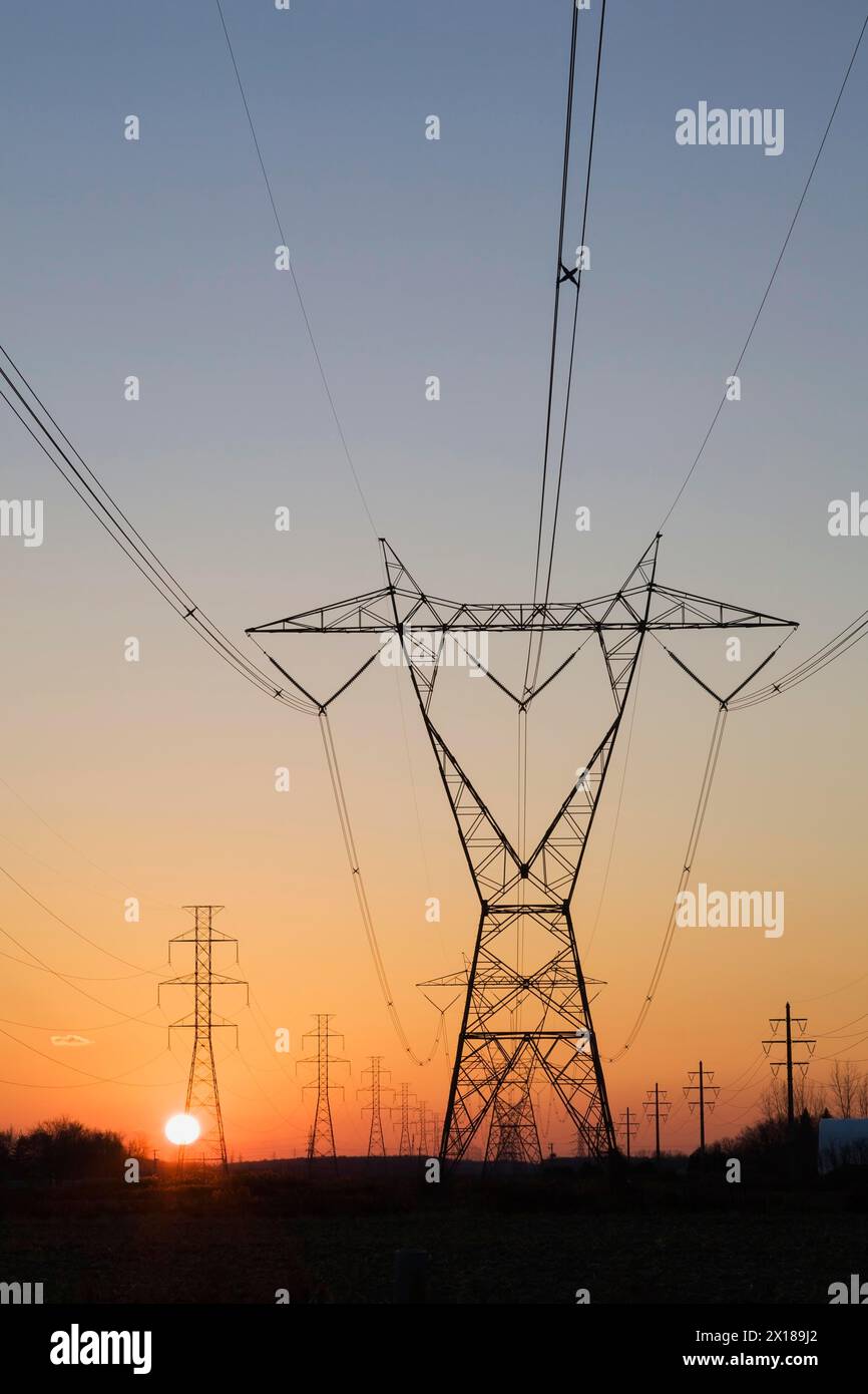 Silhouetted hydro electricity transmission towers in field at sunset in ...