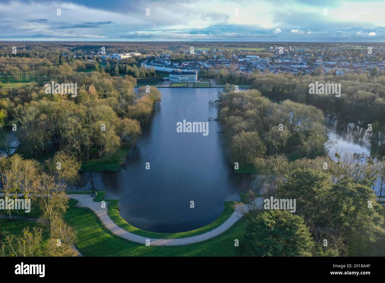 Aerial view of the park and castle of Chateau de Rambouillet, Yvelines ...