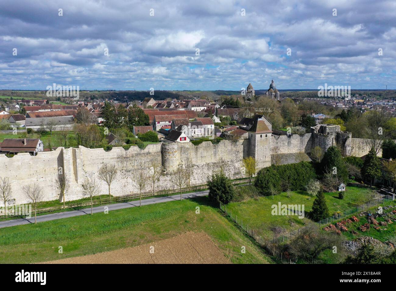 Aerial view of the medieval walled town of Provins, on the UNESCO World ...