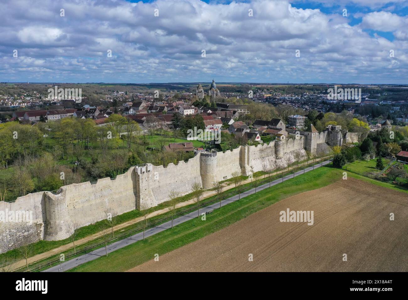 Aerial view of the medieval walled town of Provins, on the UNESCO World ...