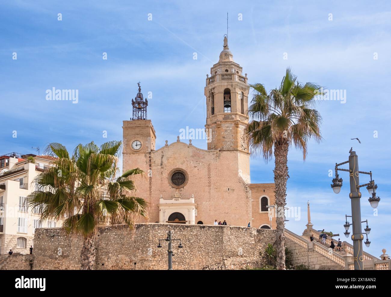 View of the church of St Bartholomew and St Thekla in Sitges, Spain ...