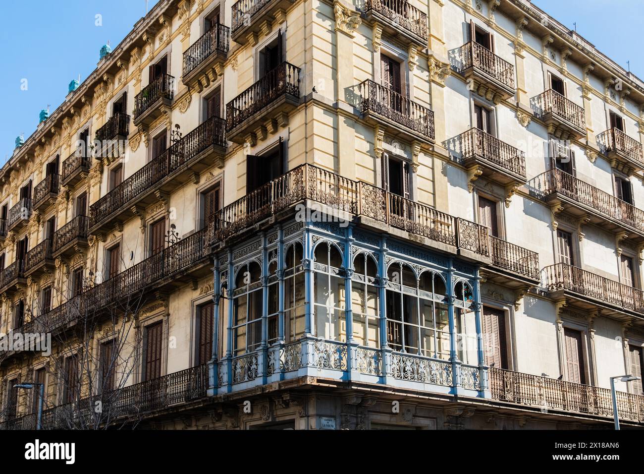 Art nouveau balcony on a house facade in the El Born district of ...