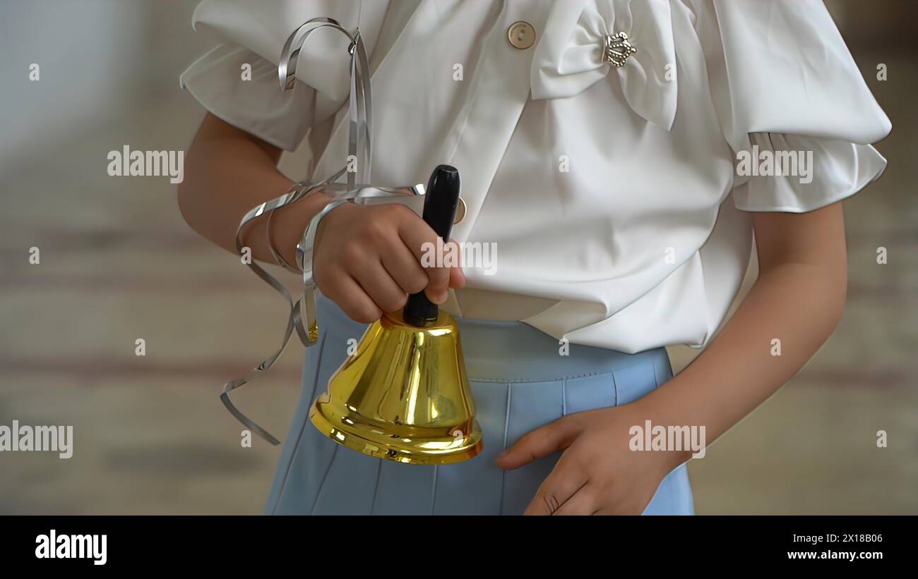 Little girl ringing a bell in the school classroom, closeup Stock Photo ...