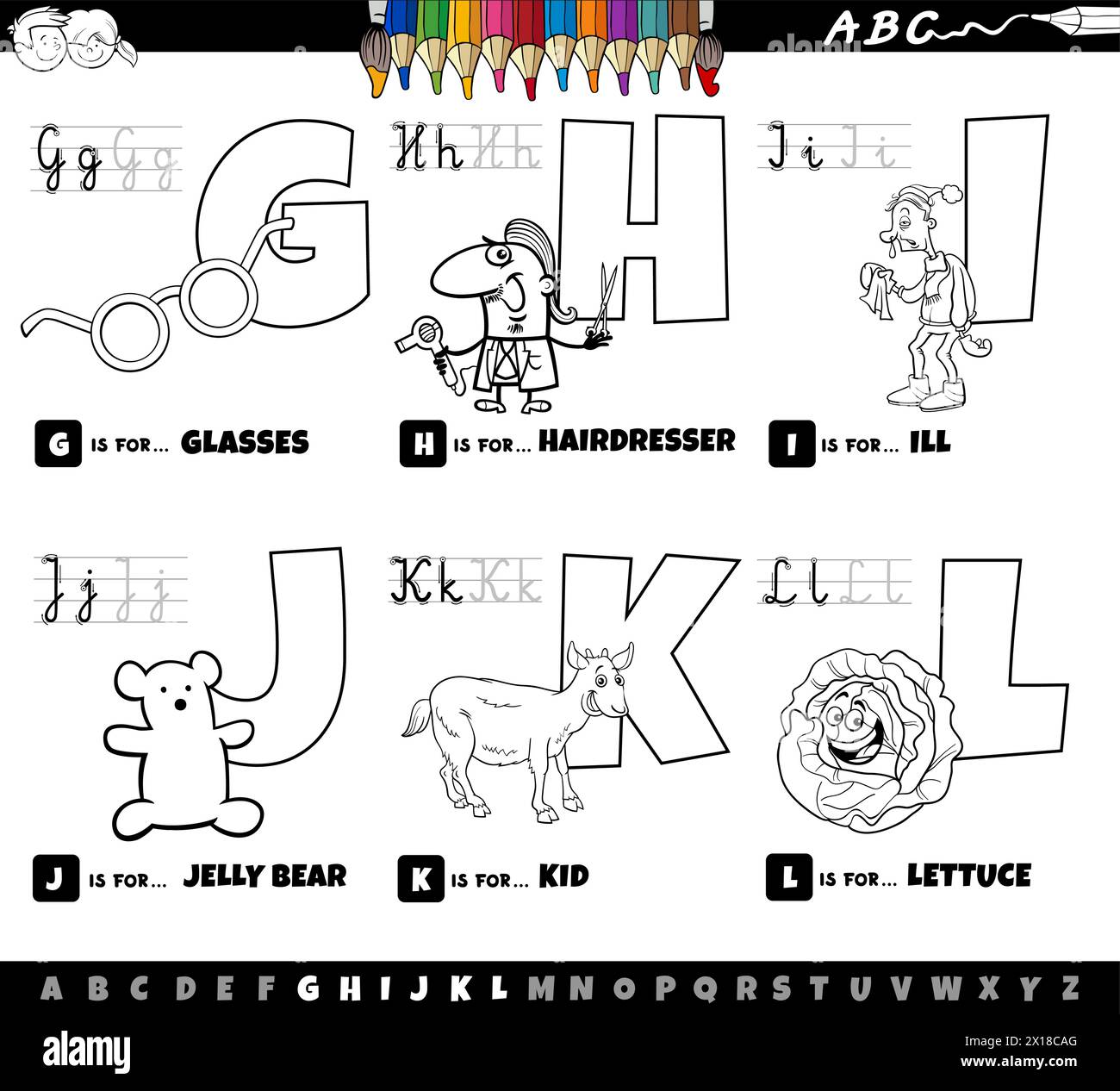 Black and white cartoon illustration of capital letters from alphabet ...