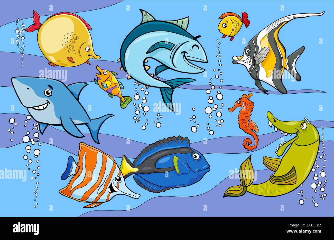 Cartoon illustrations of fish and marine animal characters group Stock ...