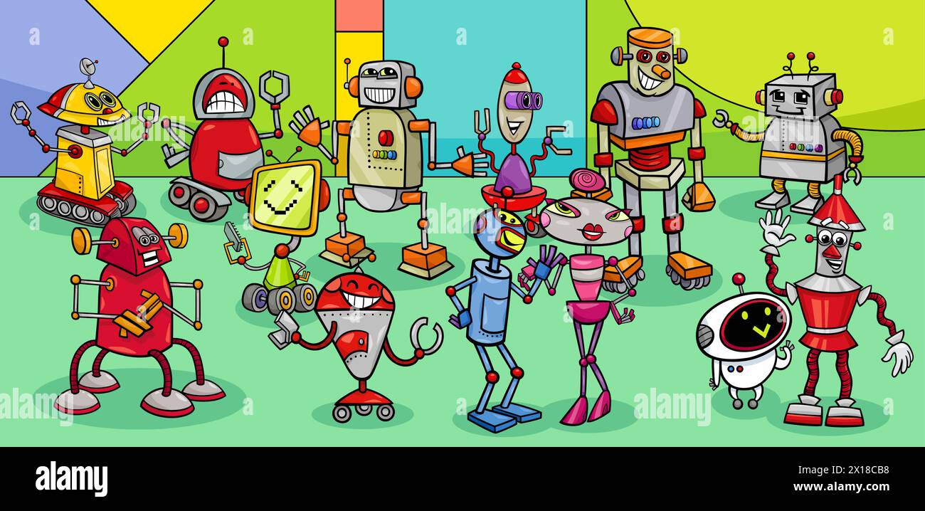 Cartoon illustration of funny robots and droids fantasy characters ...