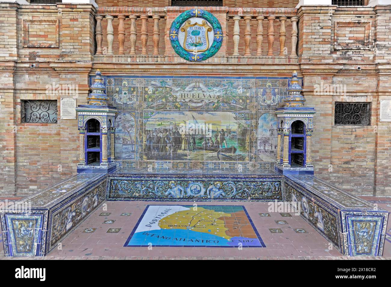 Plaza de Espana in Seville, Seville, Detailed blue ceramic tiles show ...