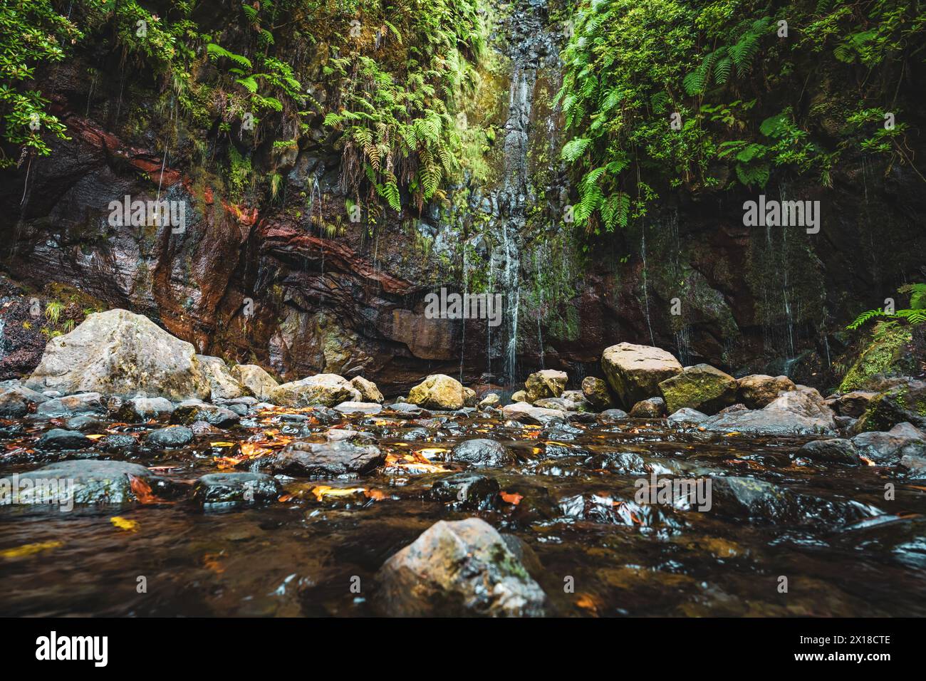 Description: Scenic view of green overgrown 25 Fontes waterfall with ...