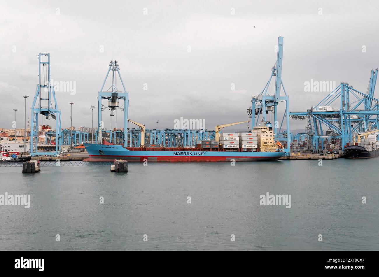CEUTA, Blauer Maersk Line container freighter in the harbour under ...