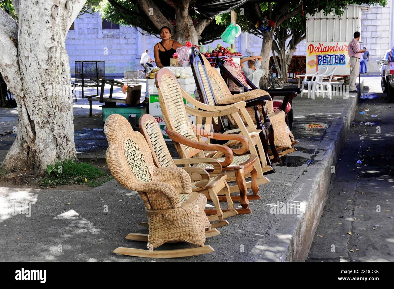 Leon, Nicaragua, Street market with handmade chairs and stalls in the ...