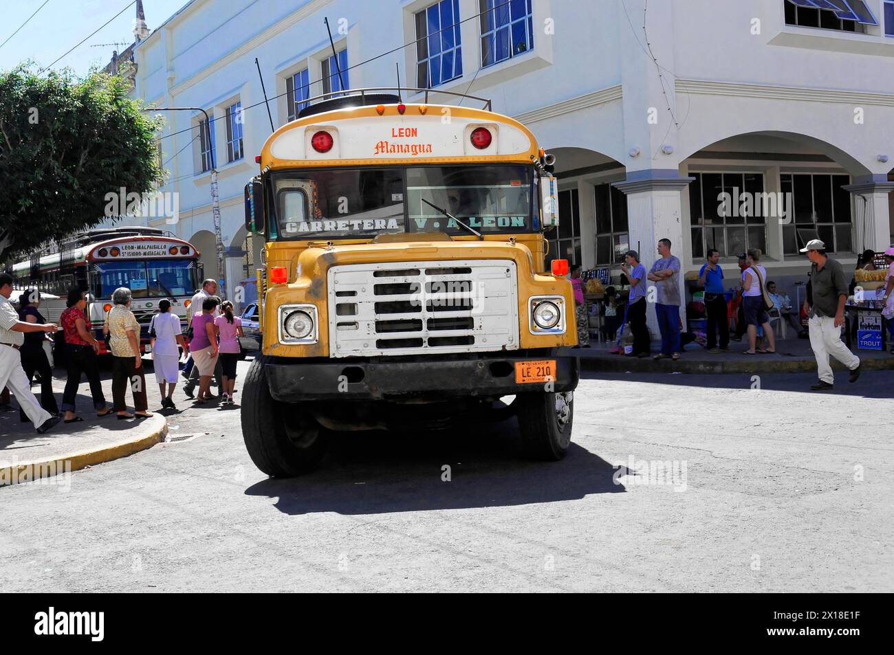 Leon, Nicaragua, Yellow traditional bus parked at the roadside ...