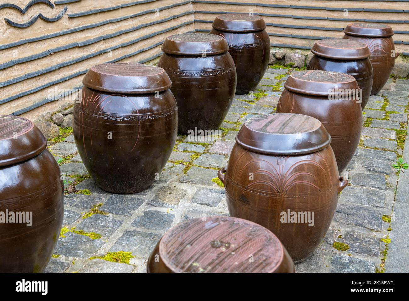 Traditional clay storage jars for soya sauce, tofu, kimchi in the ...