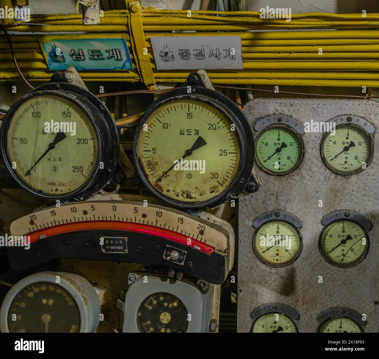 Closeup of gauges and electrical wiring on board submarine on display ...