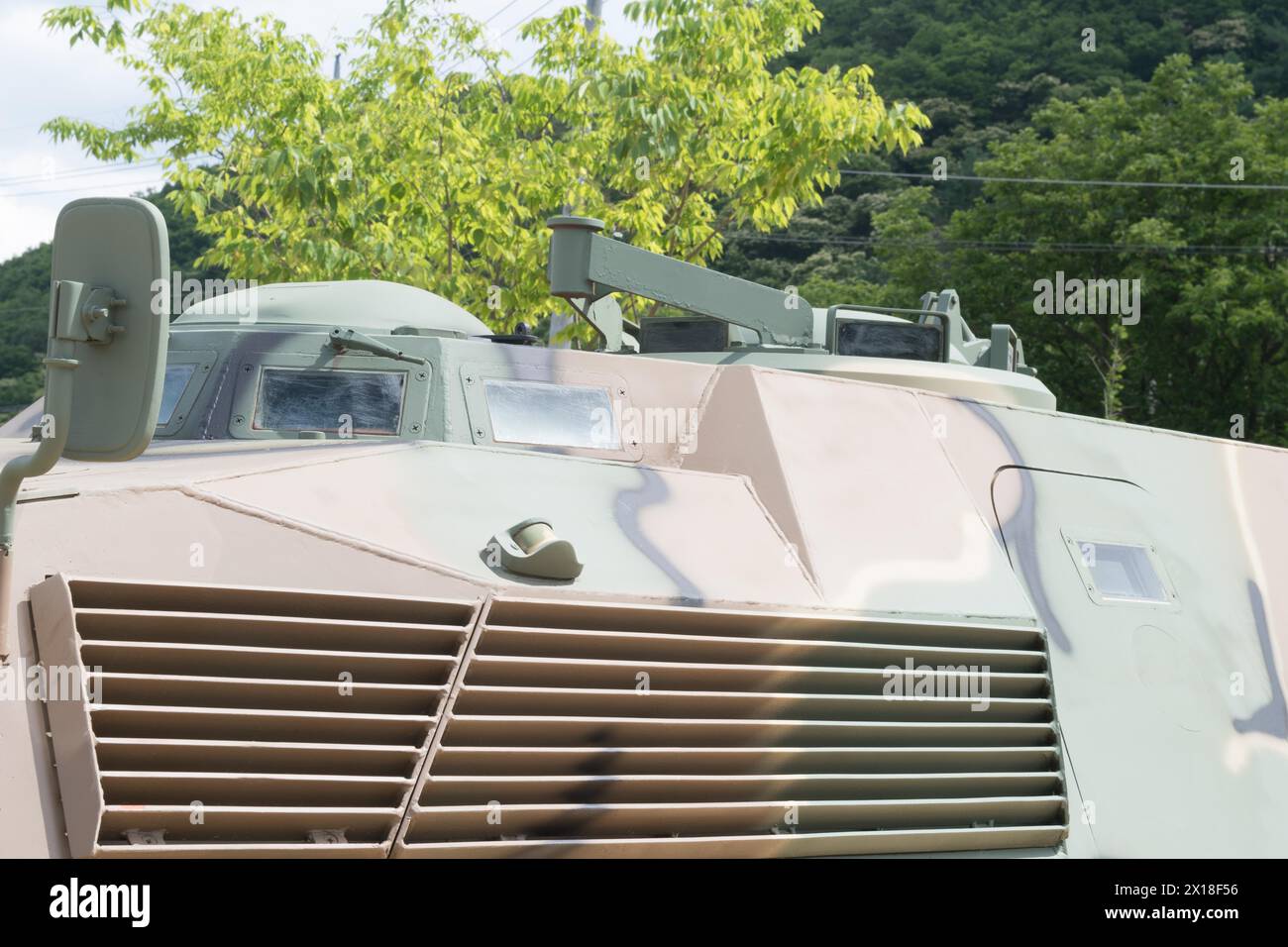 Closeup side view of grill and air vent on military vehicle displayed ...