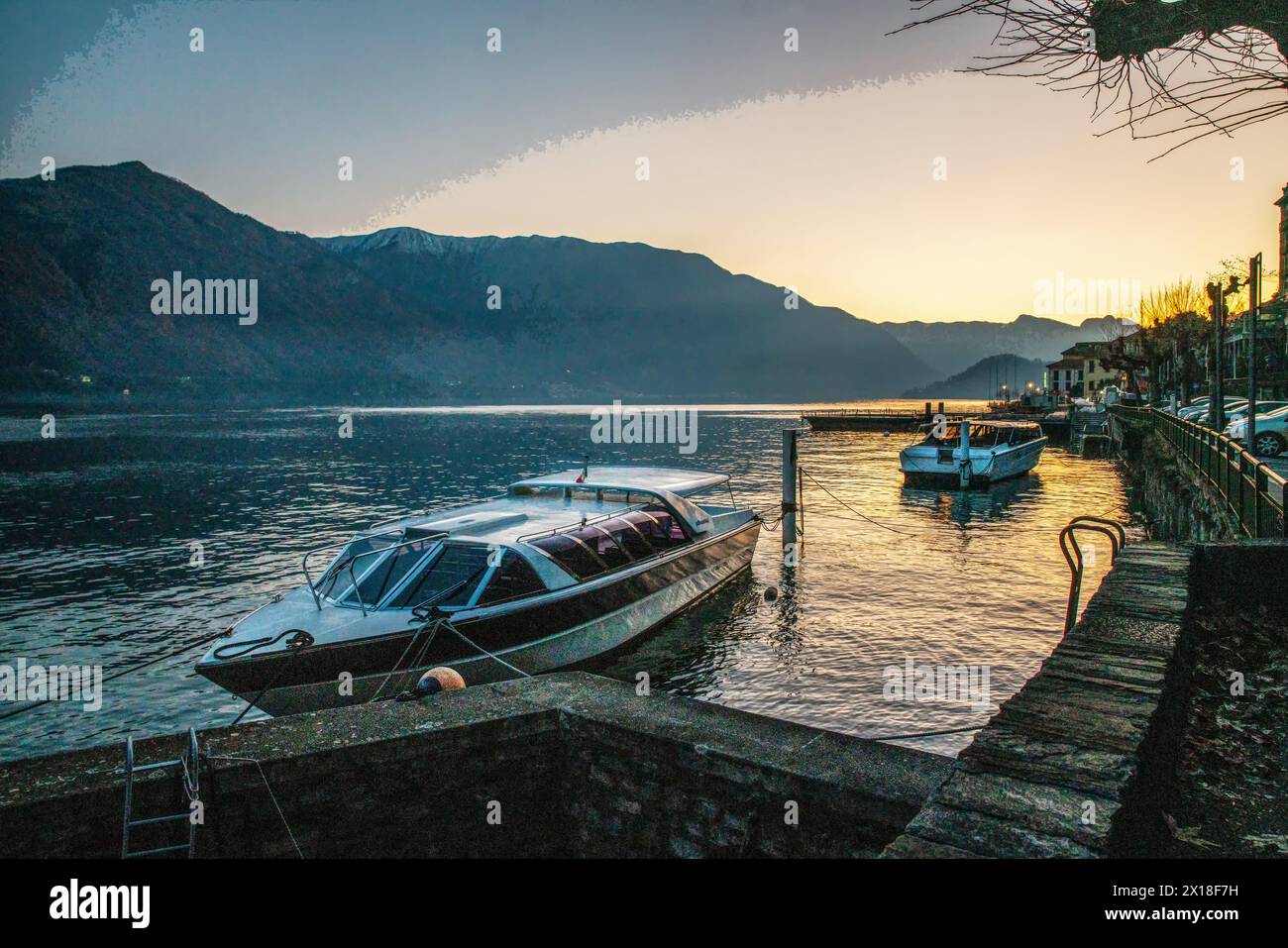 Small passenger boat moving to Como town on Lake Como - zigzag moving ...