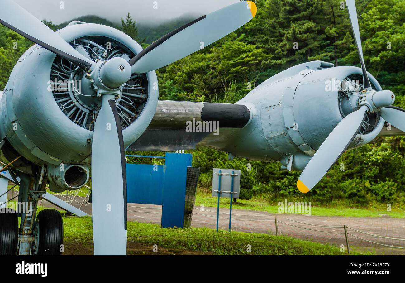 Closeup of radial engine with three bladed propeller on wing. Located ...