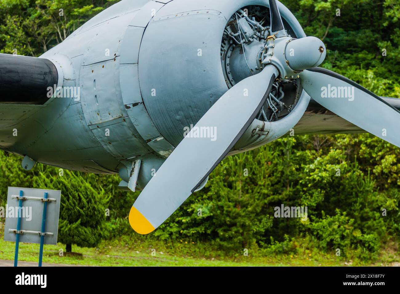 Closeup of radial engine with three bladed propeller on wing. Located ...
