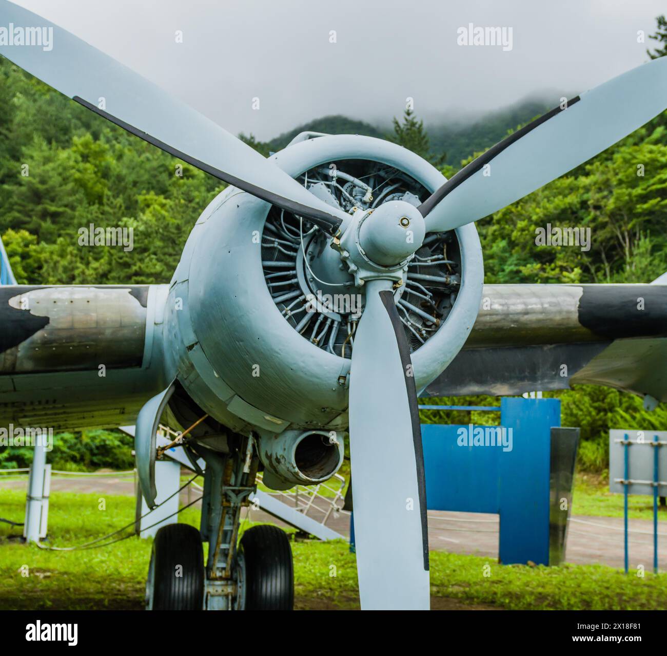 Closeup of radial engine with three bladed propeller on wing. Located ...