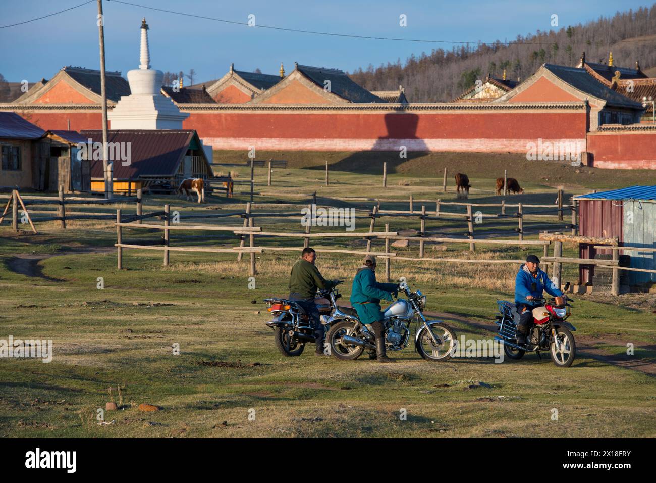 Mongolian men on motorbikes, Amarbayasgalant Monastery, Selenge Aimak ...