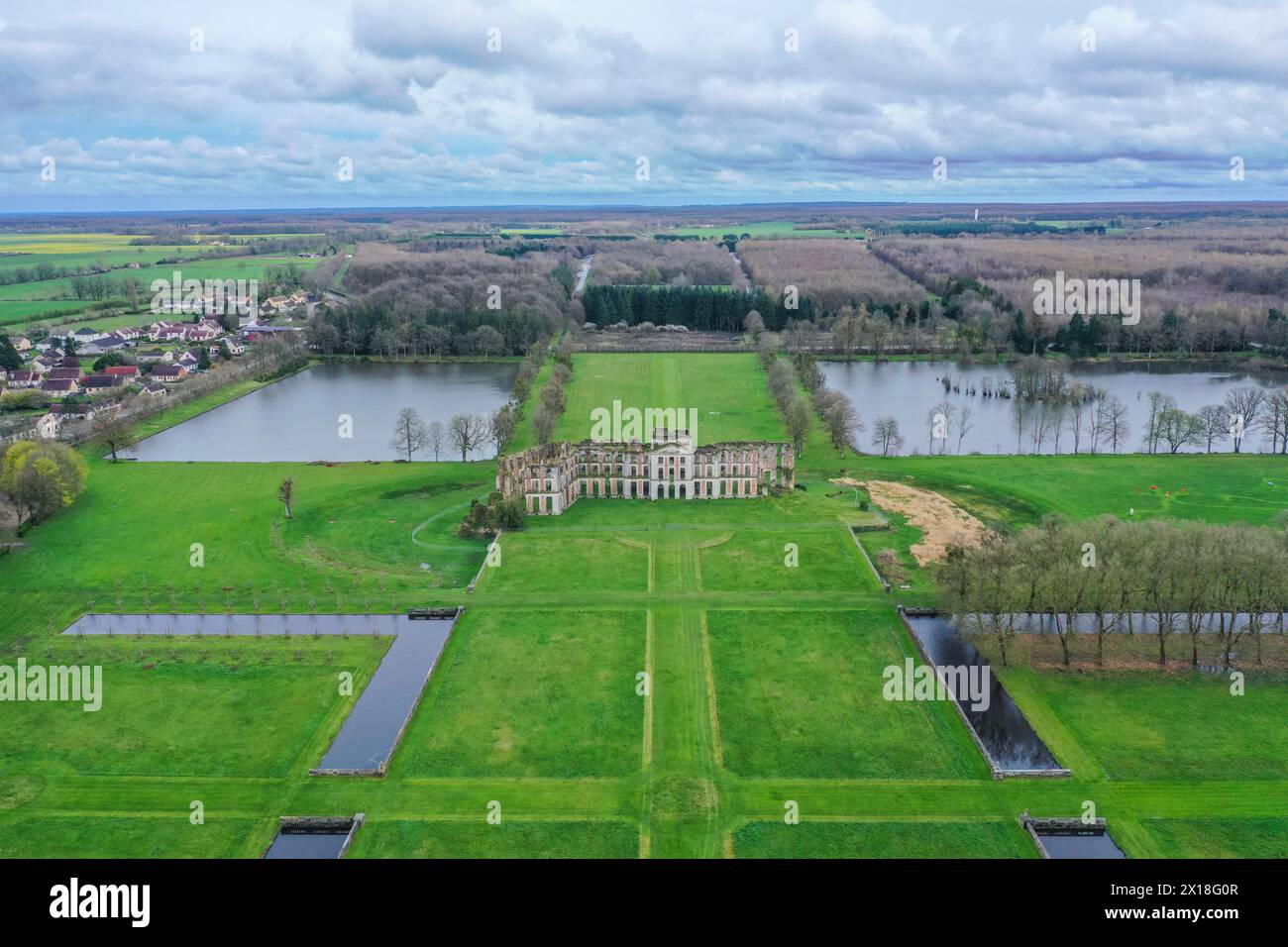 Aerial view of the castle park and ruins of Chateau de la Ferte-Vidame ...