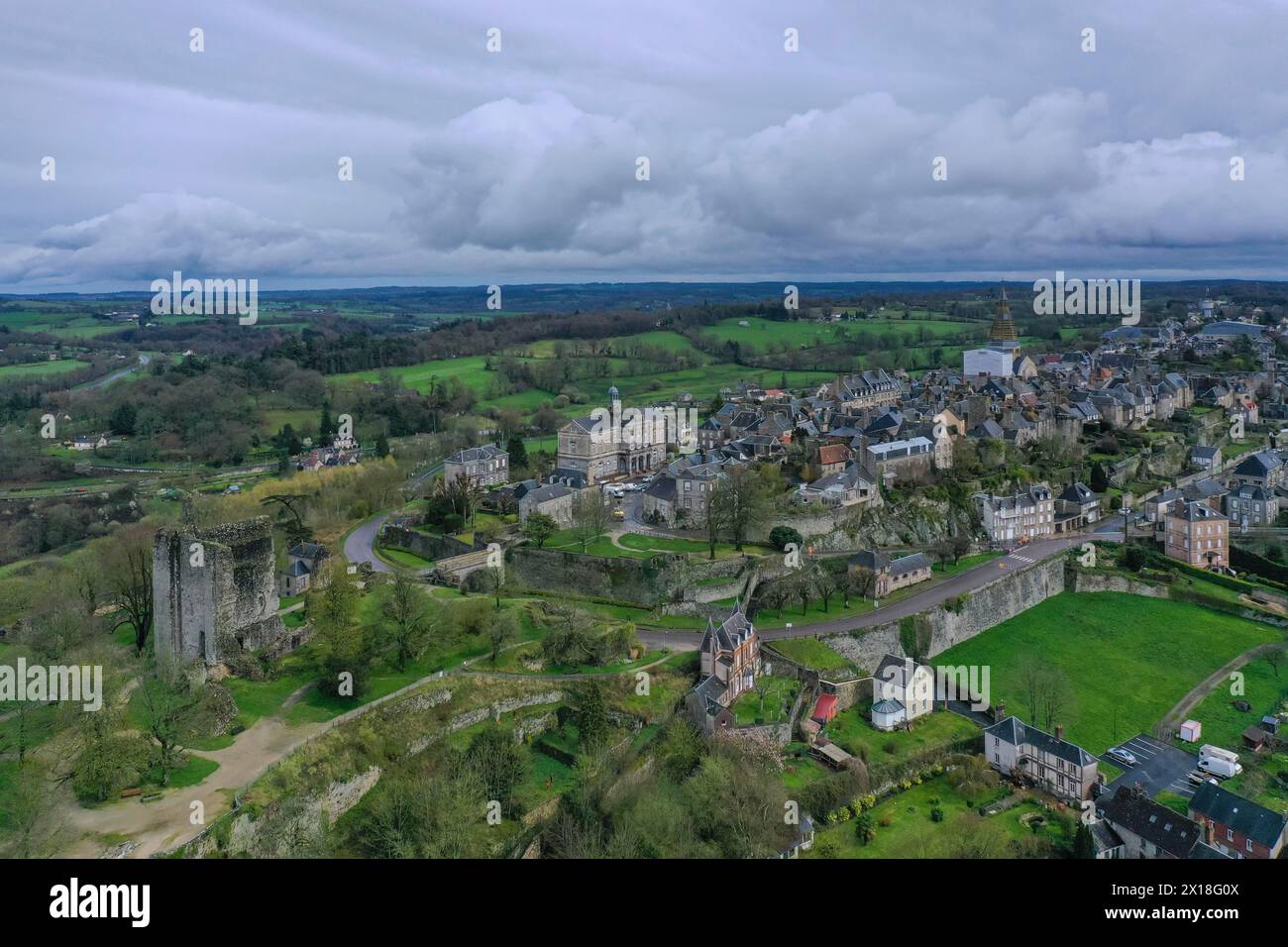 Aerial view of the medieval old town of Domfront, Domfront en Poiraie ...