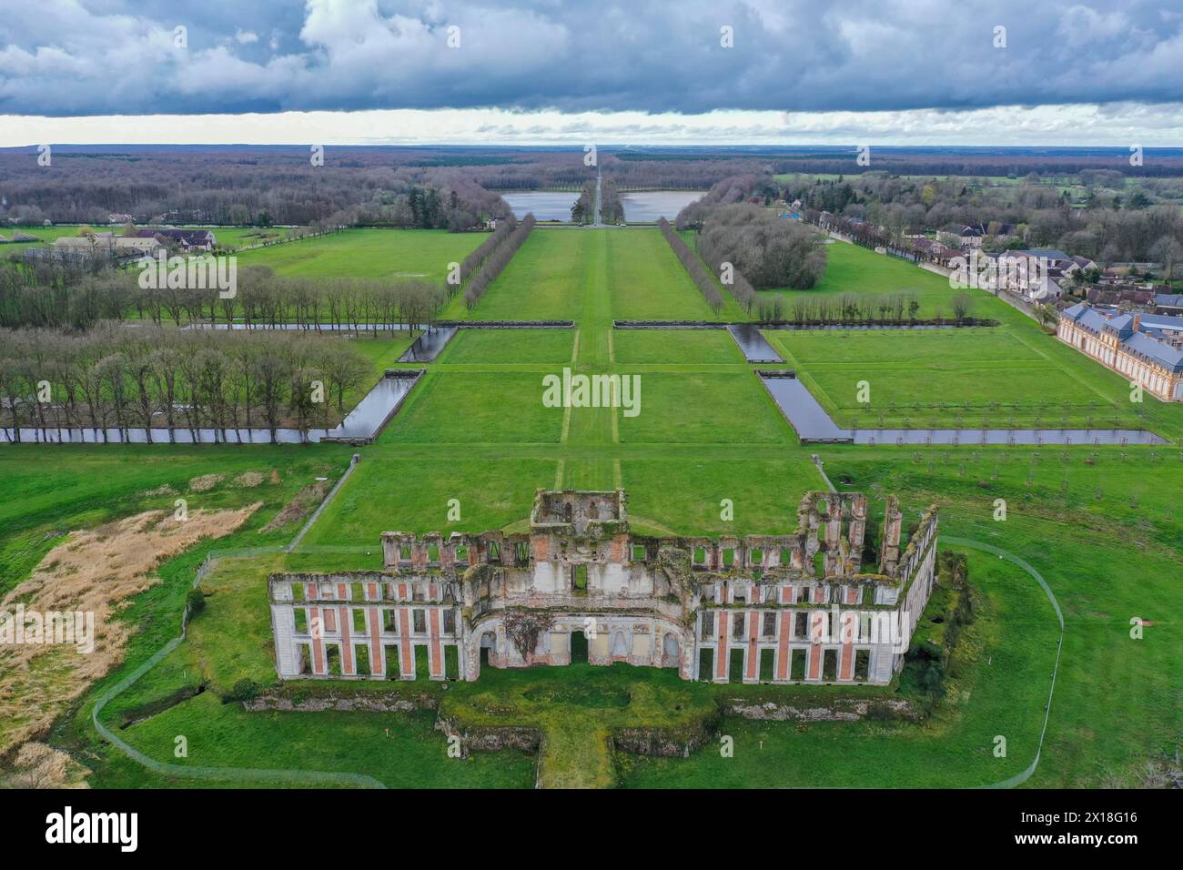 Aerial view of the castle park and ruins of Chateau de la Ferte-Vidame ...