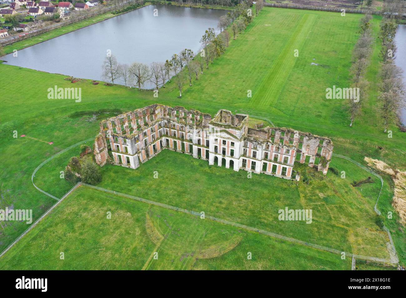 Aerial view of the castle park and ruins of Chateau de la Ferte-Vidame ...