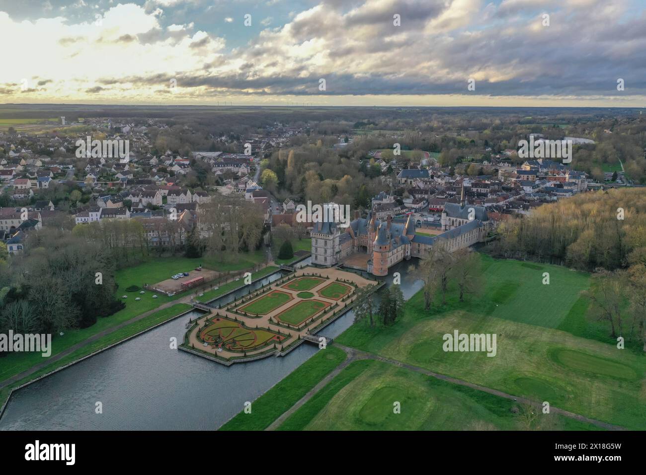 Aerial view of Chateau de Maintenon on the river Eure, Eure-et-Loir ...