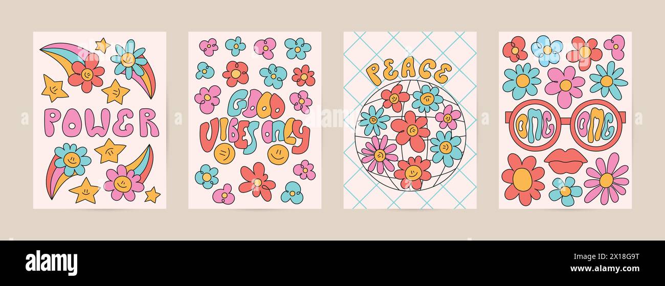 Retro groovy cartoon hippie cards set. Trippy poster with psychedelic ...