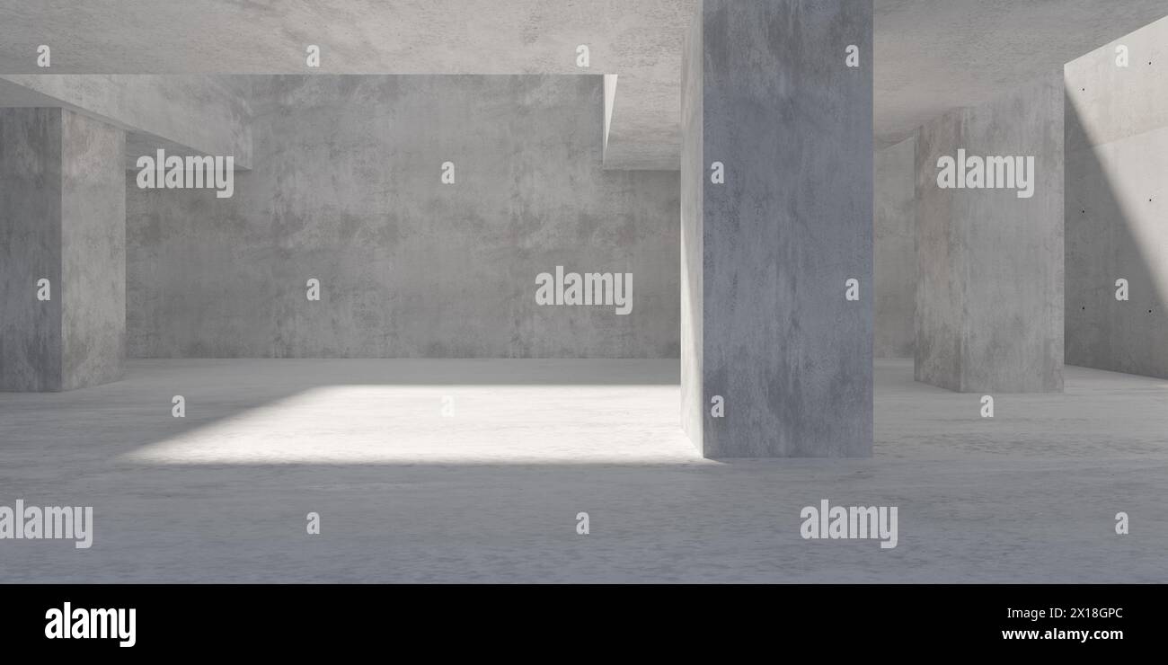 Abstract large, empty, modern concrete room, sunlight shadow, pillar in ...