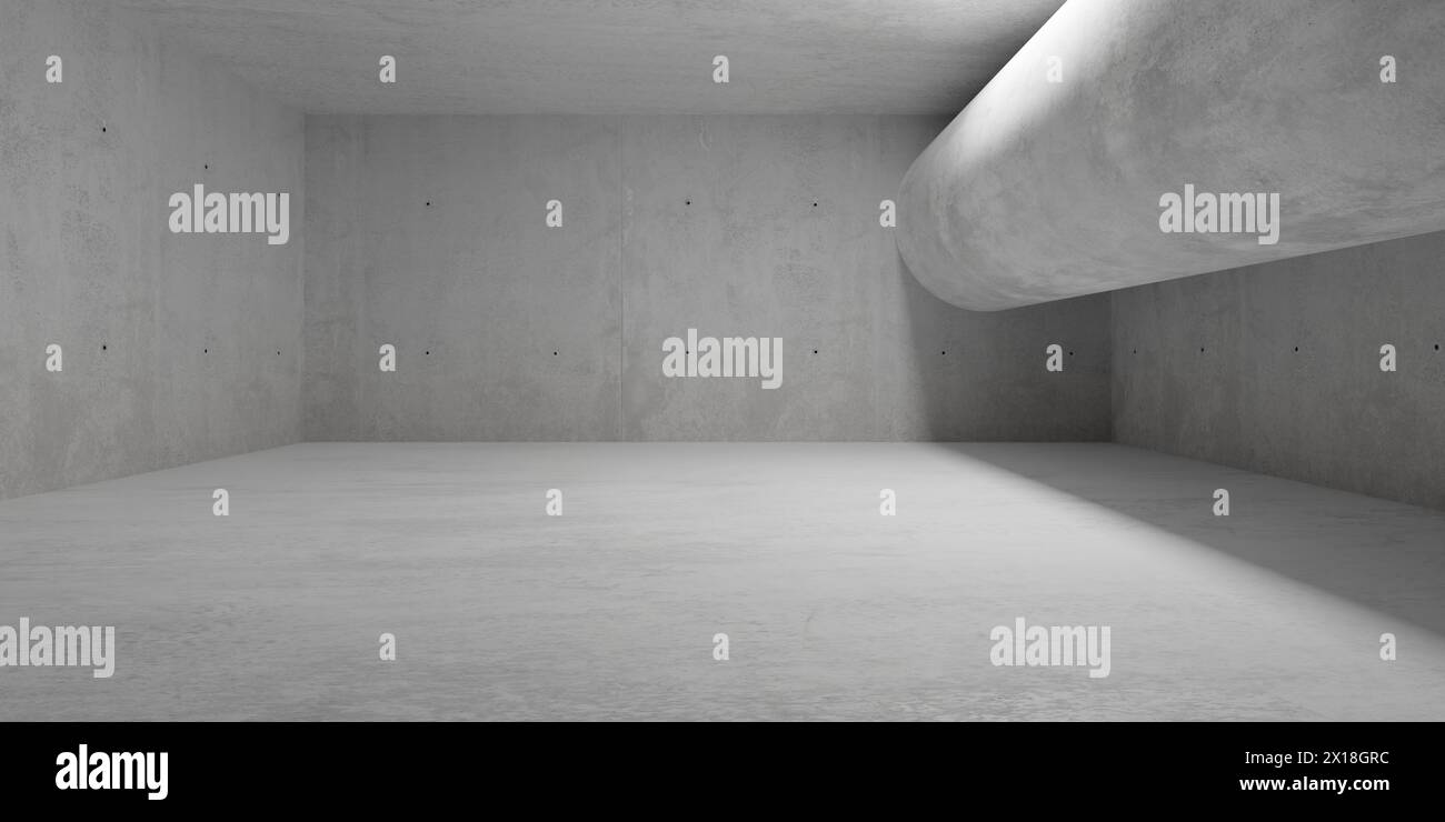 Abstract large, empty, modern concrete room with concrete tube in the ...
