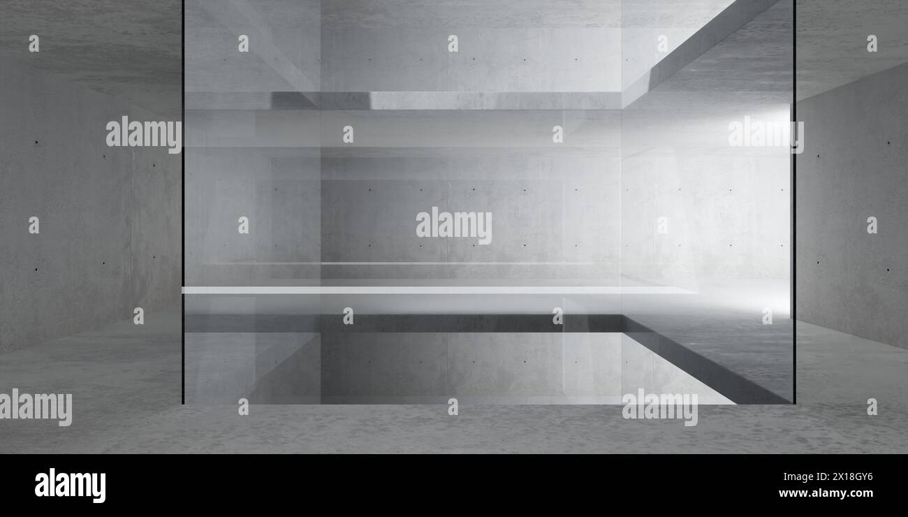 Abstract large, empty, modern concrete room with large glass covered ...