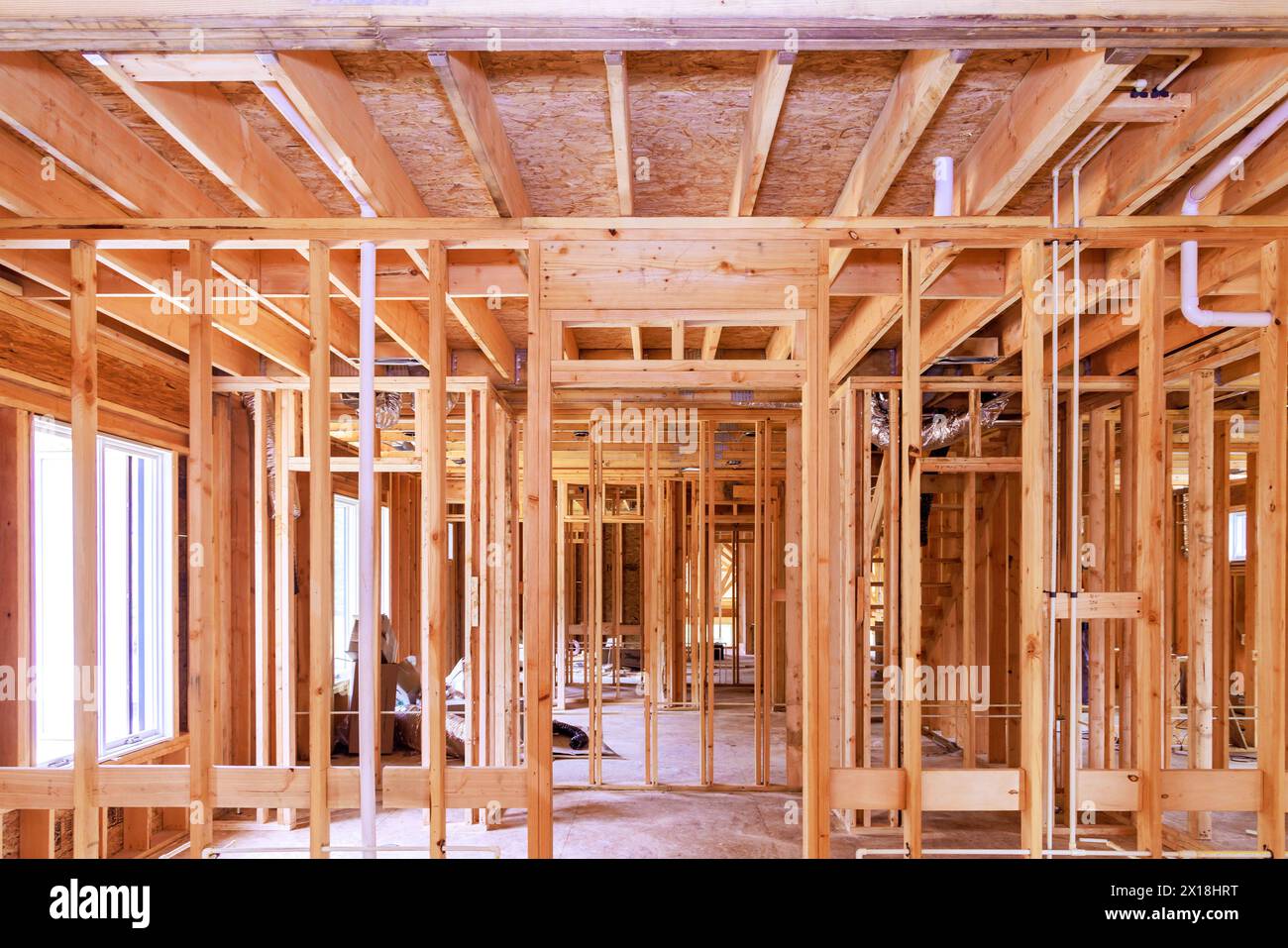 View inside new house under construction showing incomplete wooden home ...