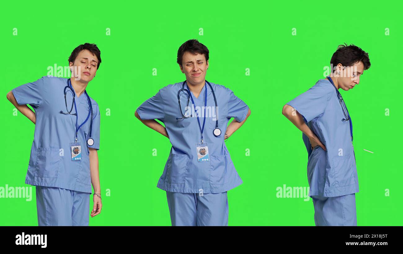 Health specialist suffering from lower back pain after working after ...