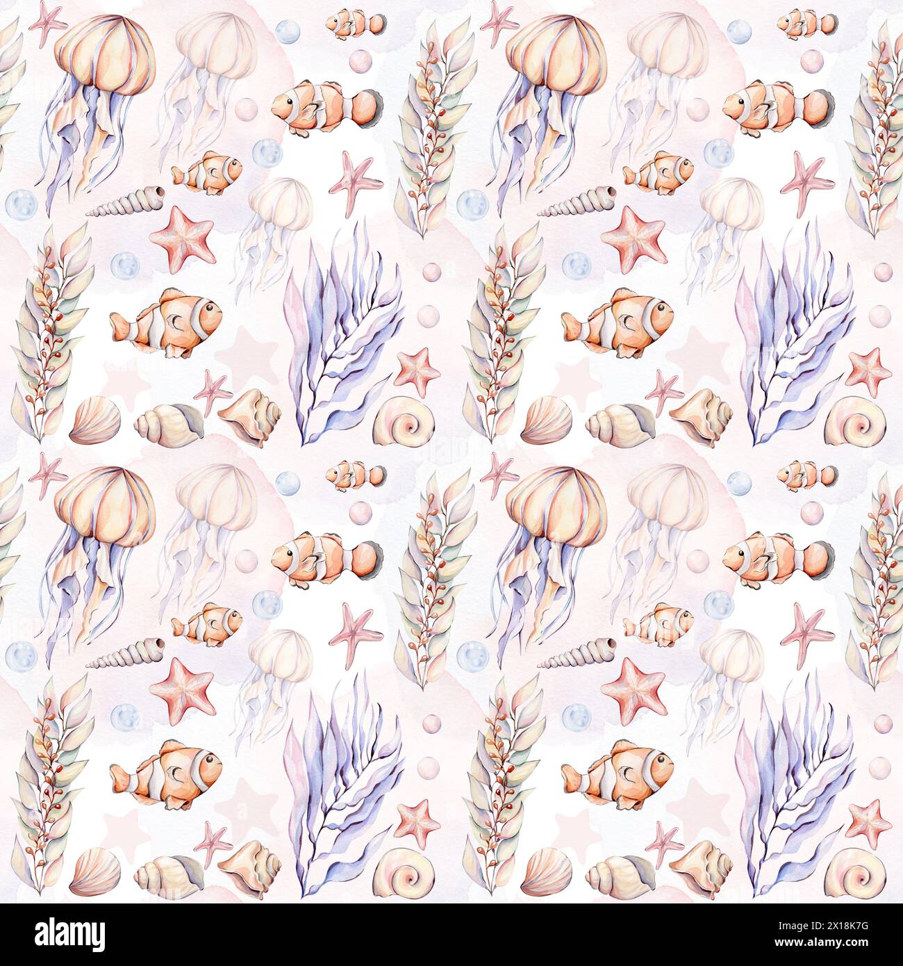 Watercolor seamless pattern with jelly fish, star fish and fish Stock ...